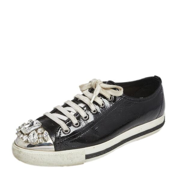 Miu Miu | Shoes | Miu Miu Black Patent Leather Crystal Embellished Low Top Sneakers Size 375 ...